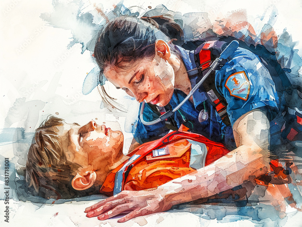 Paramedic performing CPR on a child, watercolor, white isolated ...