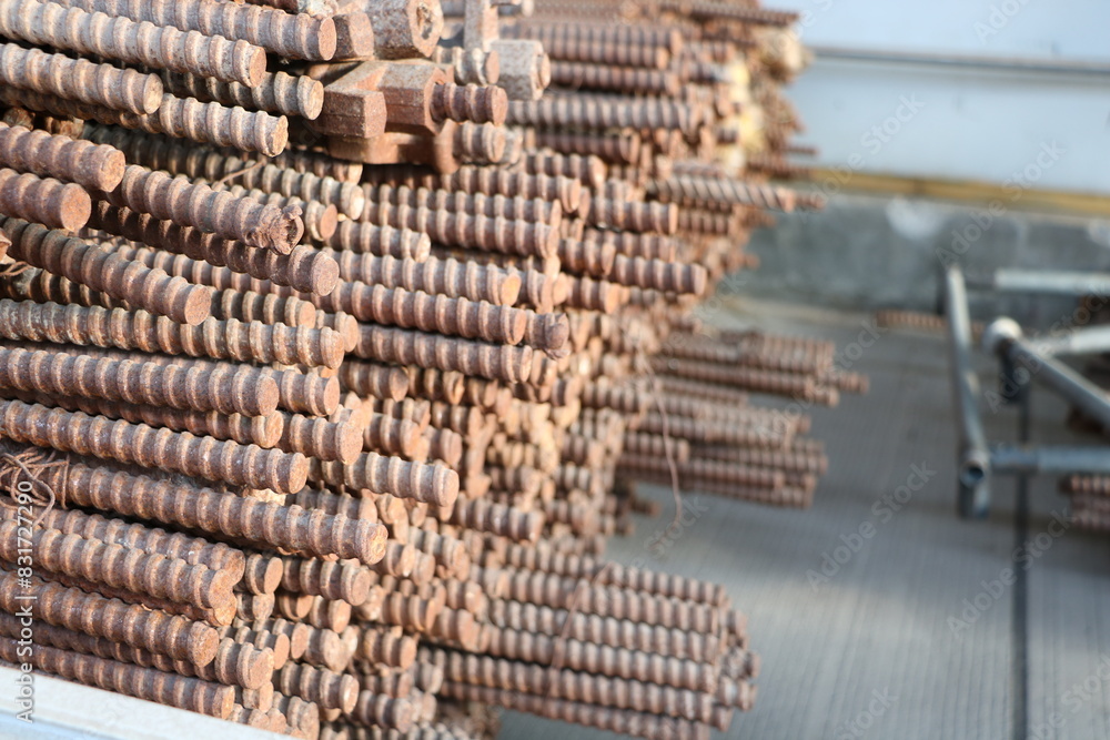 Deformed rebar or reinforcing steel at construction site Used for ...