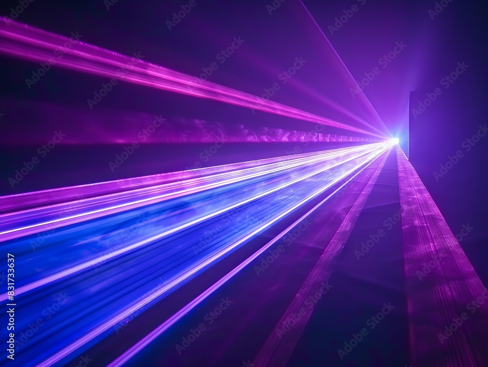 Purple laser beam shoots out from the center of the image with bright ...