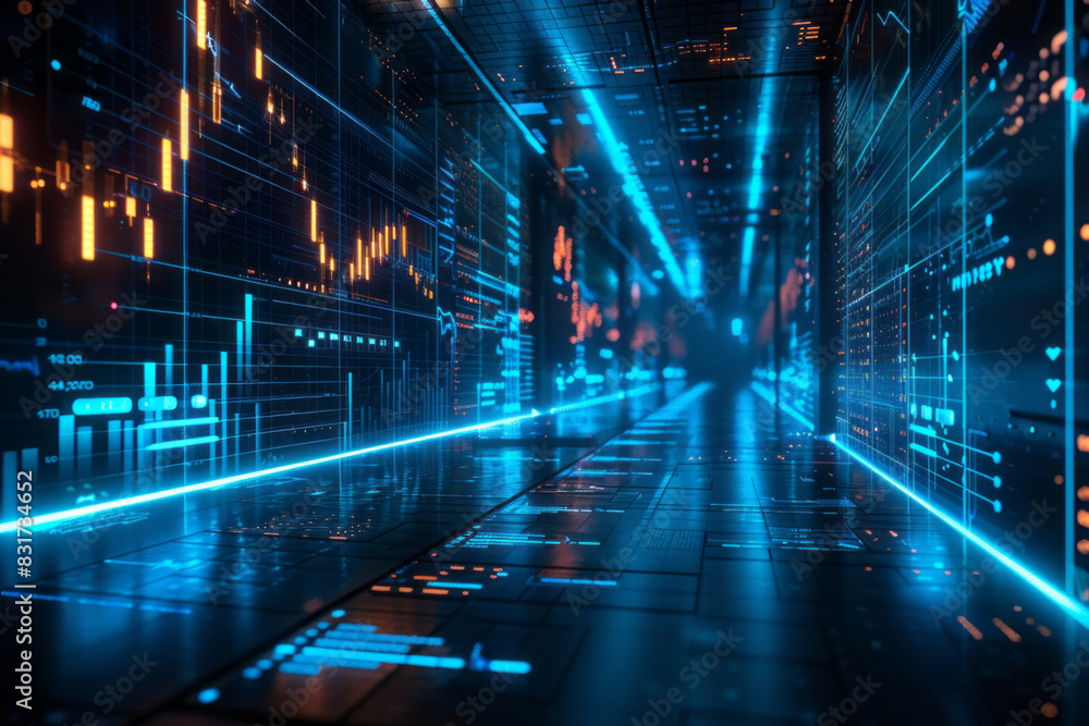 A digital background showcases a stock market chart with a glowing bar ...