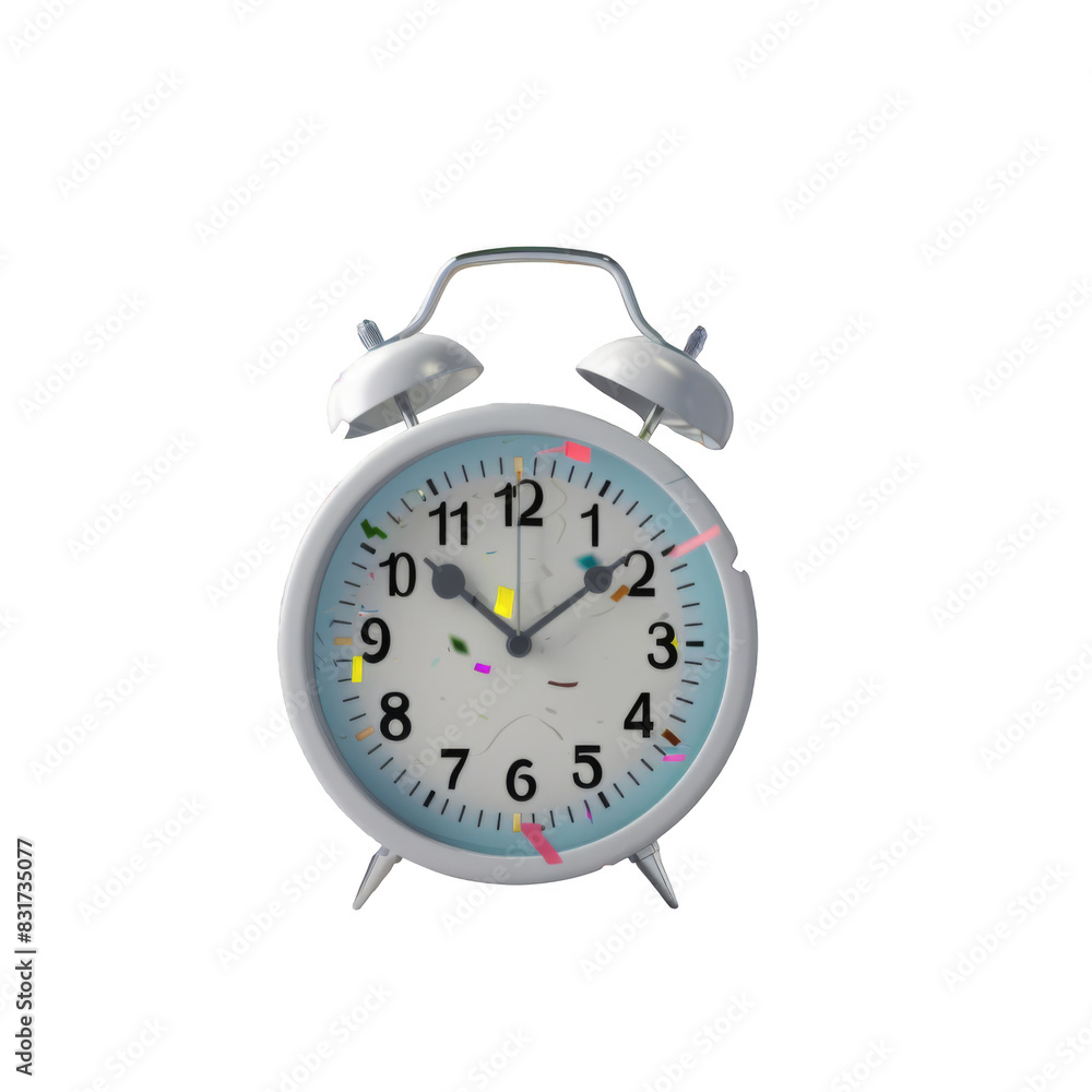 3D render, Minimal Alarm clock with colorful floating confetti isolated ...