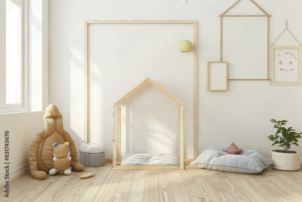 White wall background in a children's room interior with a house-shaped ...