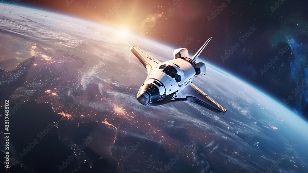 Spaceship lift off. Glowing space shuttle with smoke and blast takes ...