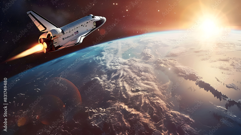 Spaceship lift off. Glowing space shuttle with smoke and blast takes ...