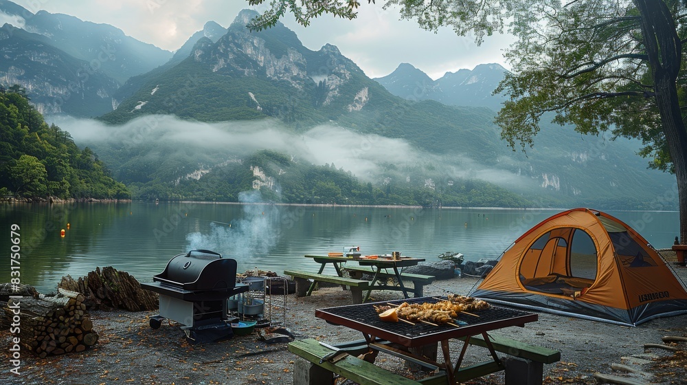 An outdoor camping tent. There was barbeque food on top of one table ...