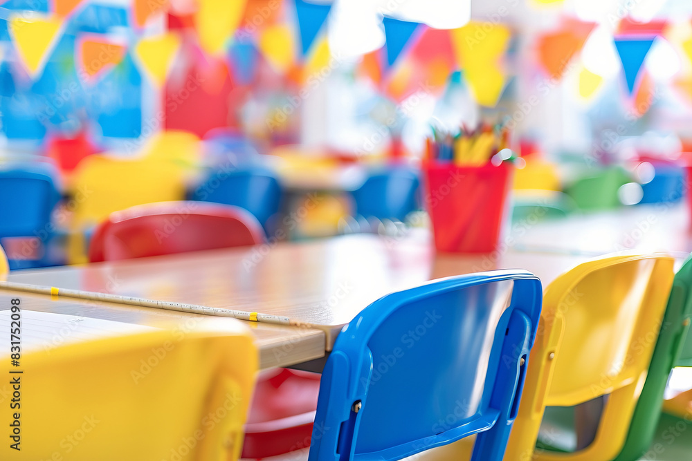 Classroom Setup: Capture an inviting classroom with desks, chairs, and ...