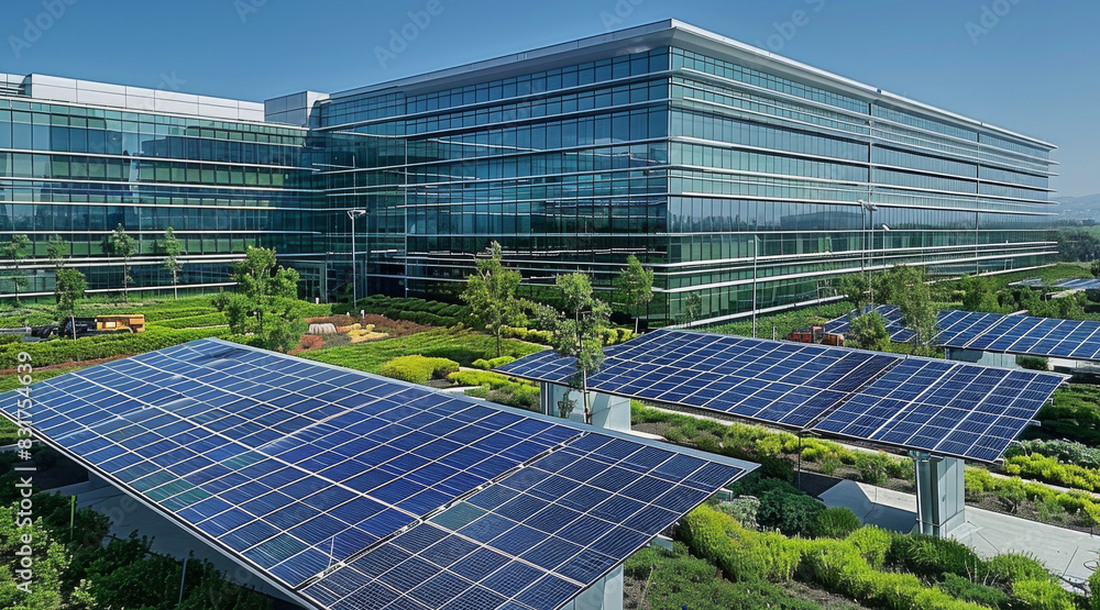 Commercial solar installation modern solar array office park, a team of ...