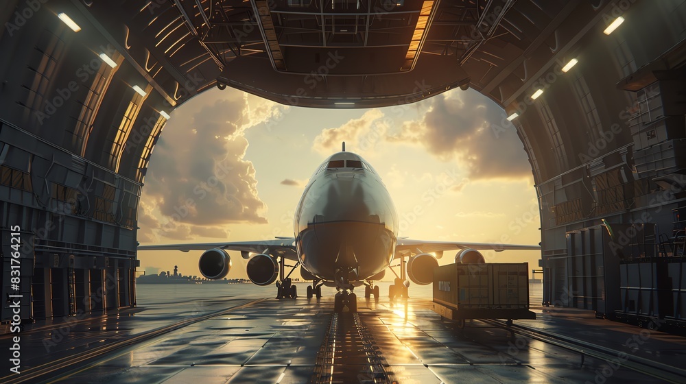 Cargo plane with open cargo bay, being loaded with freight, realistic ...