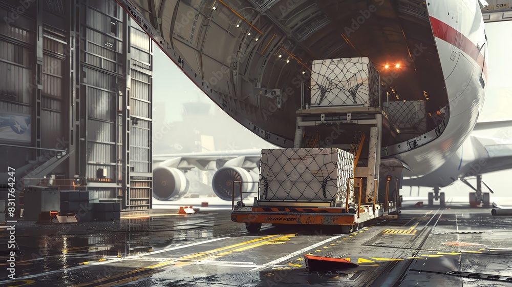 Cargo plane with open cargo bay, being loaded with freight, realistic ...