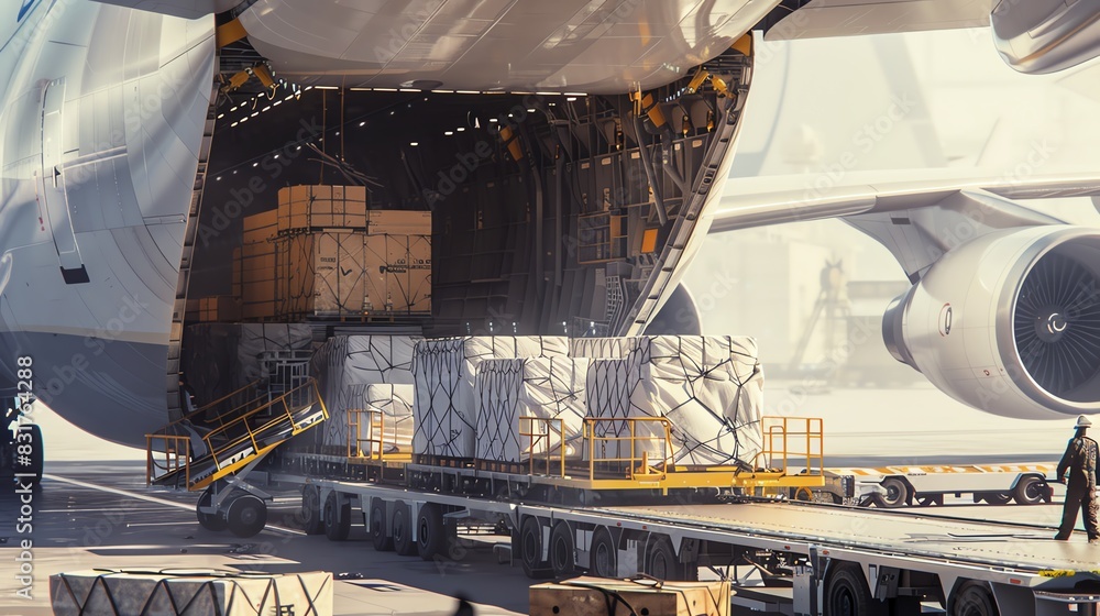 Cargo plane with open cargo bay, being loaded with freight, realistic ...