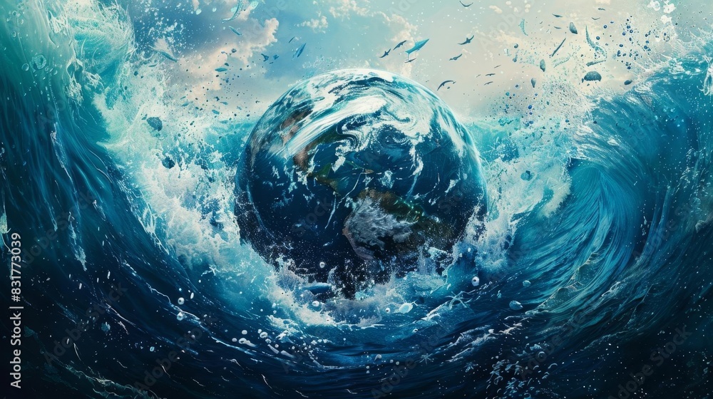 Artistic illustration of the Earth submerged and spinning in water ...