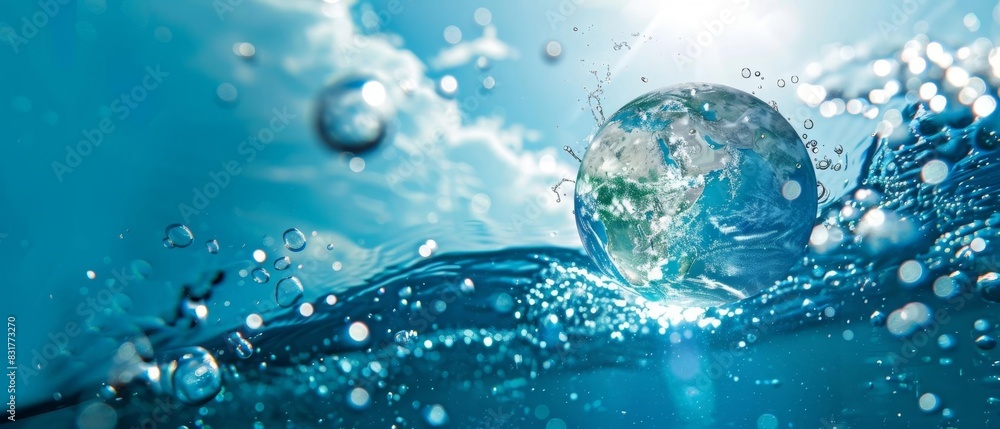 Image of the Earth rotating within a clear blue ocean, with water ...