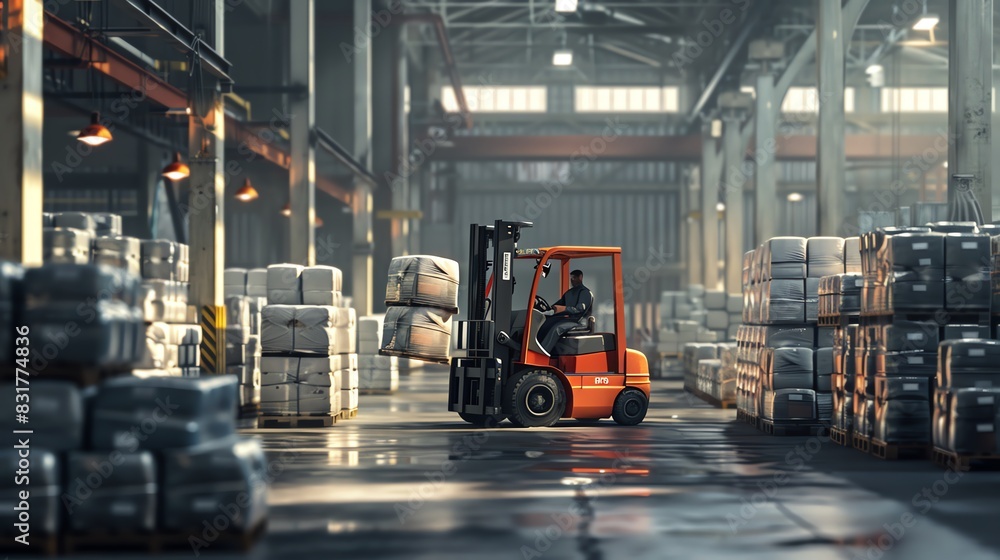 Forklift lifting heavy pallets, in a bustling warehouse, high detail ...