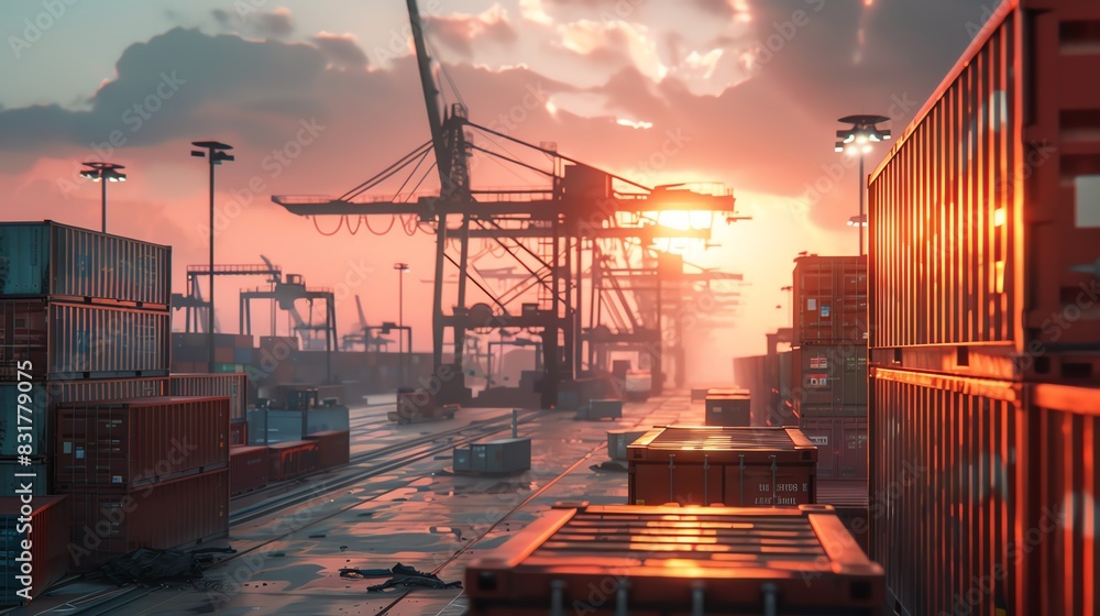 Shipping containers stacked at a port, with cranes in the background ...