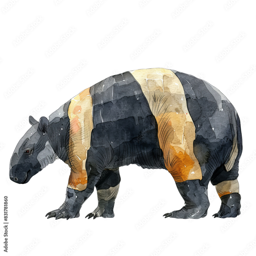 Illustration of a Malayan tapir with distinctive black, white, and ...