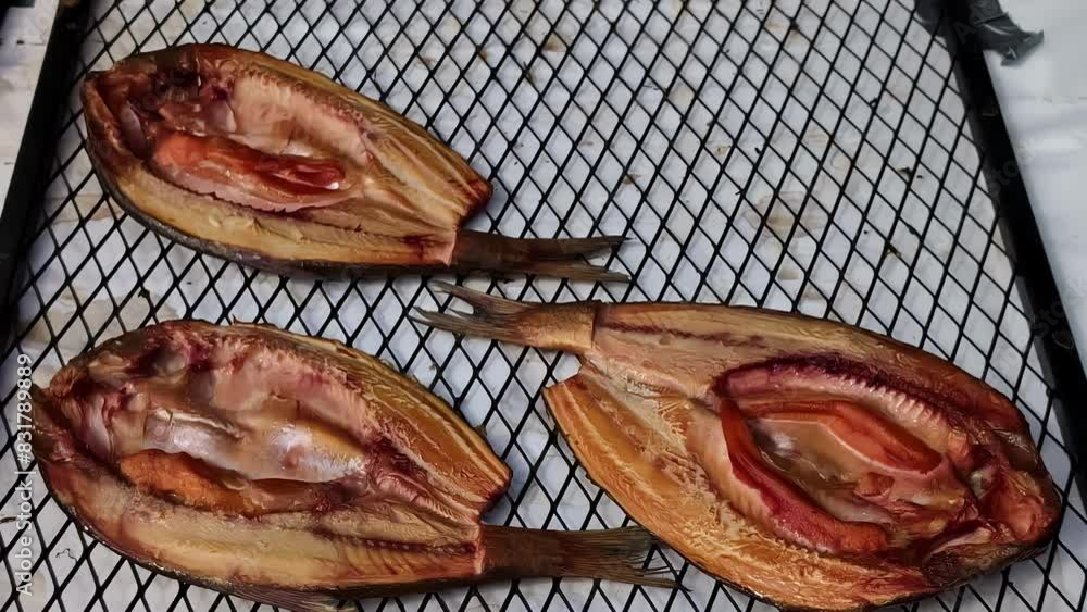 Filleted dried fish cooked wide open on grill removed by gloved hands ...