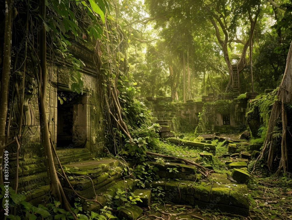 Moss-covered ancient temple ruins nestled in a dense jungle, bathed in ...