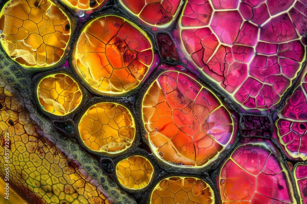 A high-magnification microscope view of a slice of fruit, revealing the ...