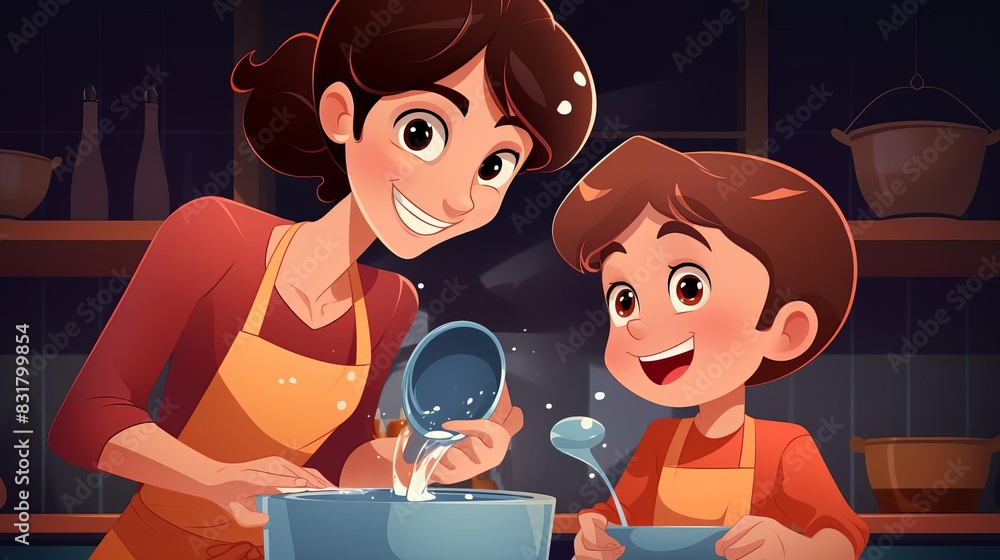 Child washing dishes with mother cartoon flat design front view kitchen ...