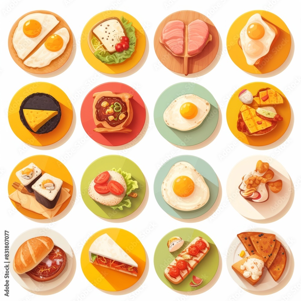 Sixteen colorful food icons with frosted glass texture and glowing ...