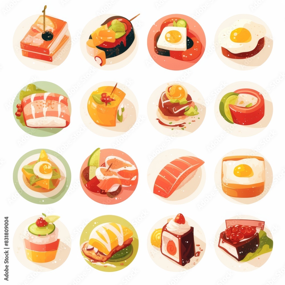 Sixteen colorful food icons with frosted glass texture and glowing ...