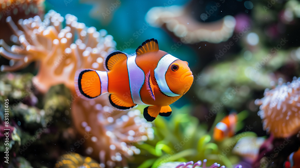 Nemo fish with bright orange color and striking black stripes, swimming ...