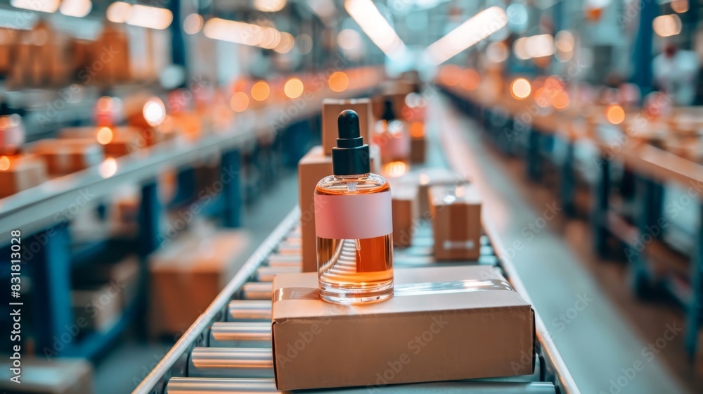 Modern perfume factory with automated conveyor line for cosmetics oil ...