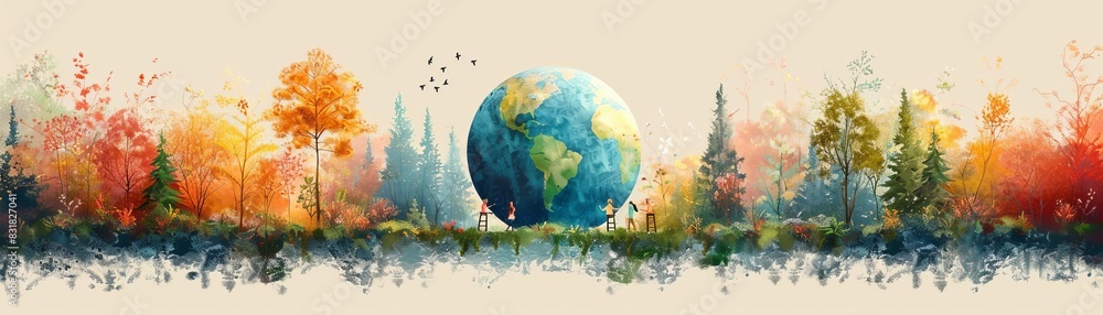 A happy Earth being tended to by tiny people with ladders and plants ...