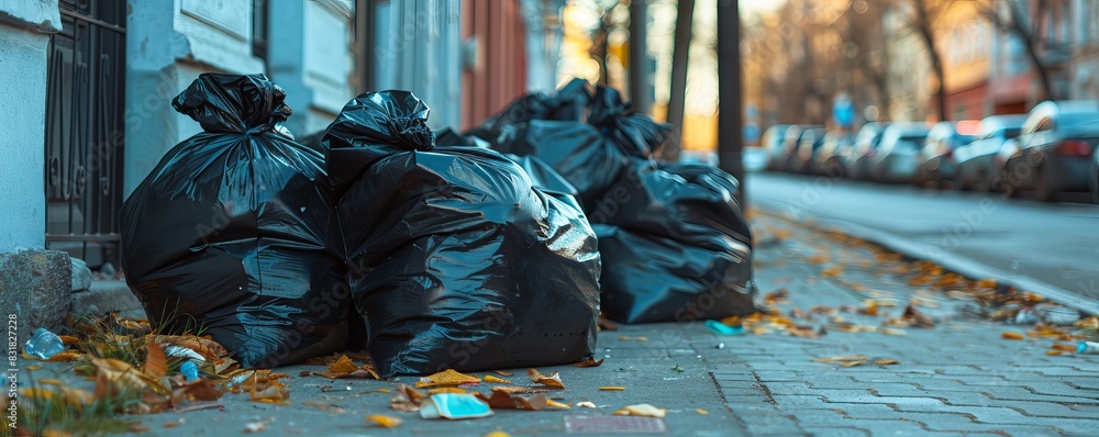 Black garbage bags heaped on sidewalk, city street, pollution and trash ...