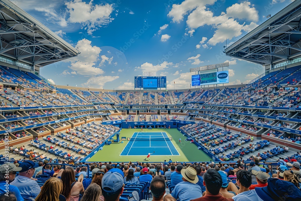 professional tennis match taking place in a large, modern stadium. The ...