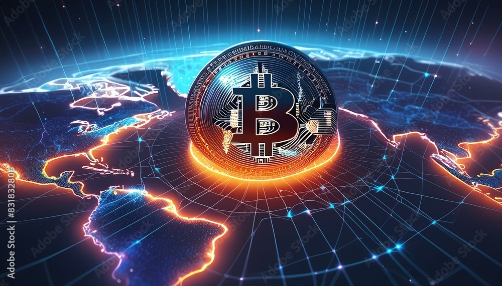 world map with Bitcoin, realms of the world, communication concept ...