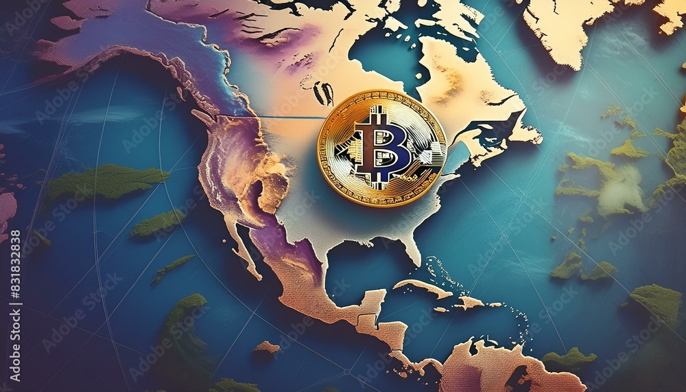 world map with Bitcoin, realms of the world, communication concept ...