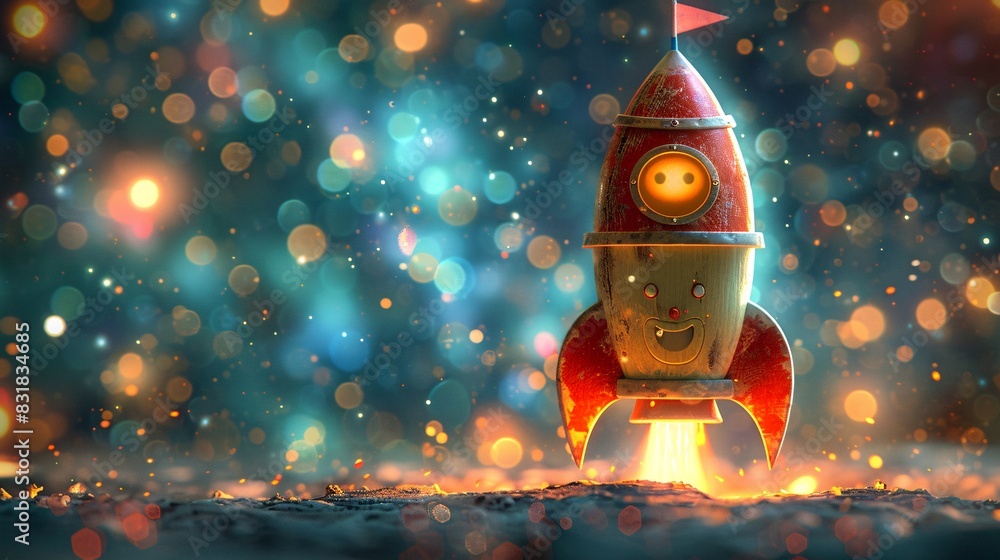 A whimsical wooden art toy rocket ship with a smiling face painted on ...