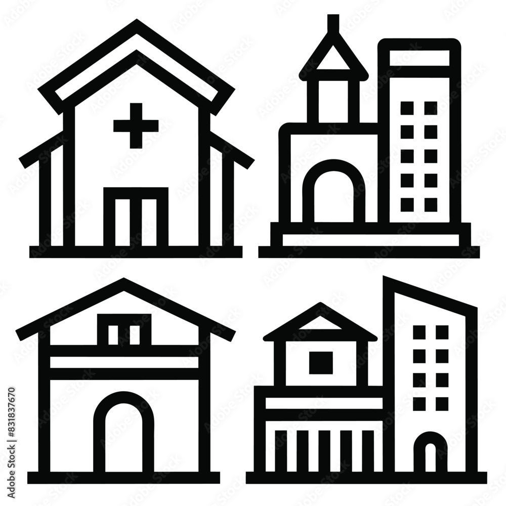 Set of Solid black outline building icon, house vector, structure on ...
