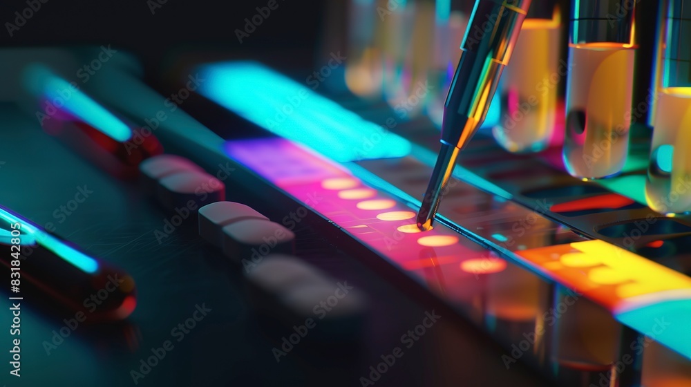 Spectrometer analyzing a drug sample, close-up, colorful spectrum ...