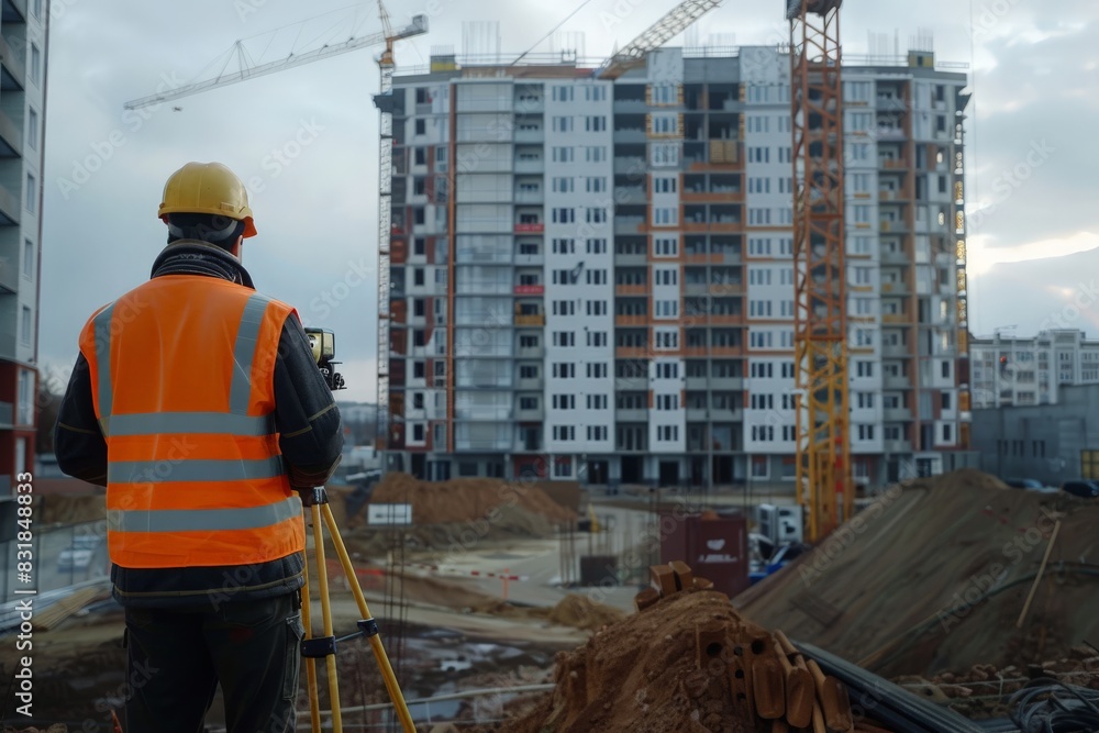Construction engineers survey checkpoints of concrete pile, load ...
