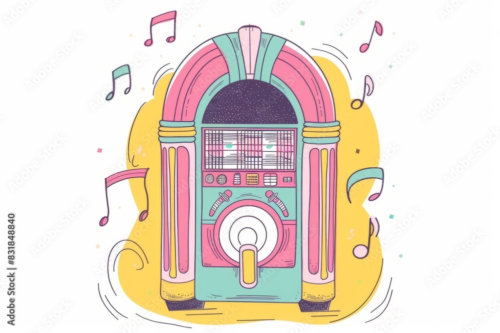 Cartoon cute doodles of a retro jukebox with cheerful lights and ...