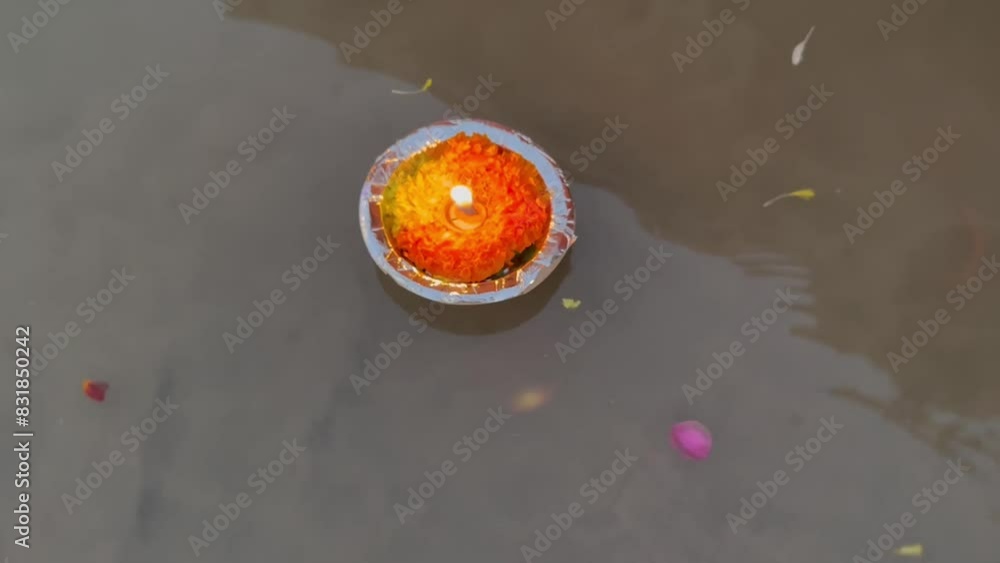 Ganga aarti, Fire flame along with rose and marigold flower floating in ...