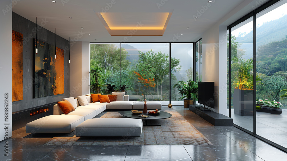 An ultra-modern, minimalist living room design featuring a ...