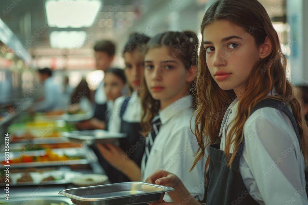 A shot of teenage students waiting in line together at the cafeteria in ...