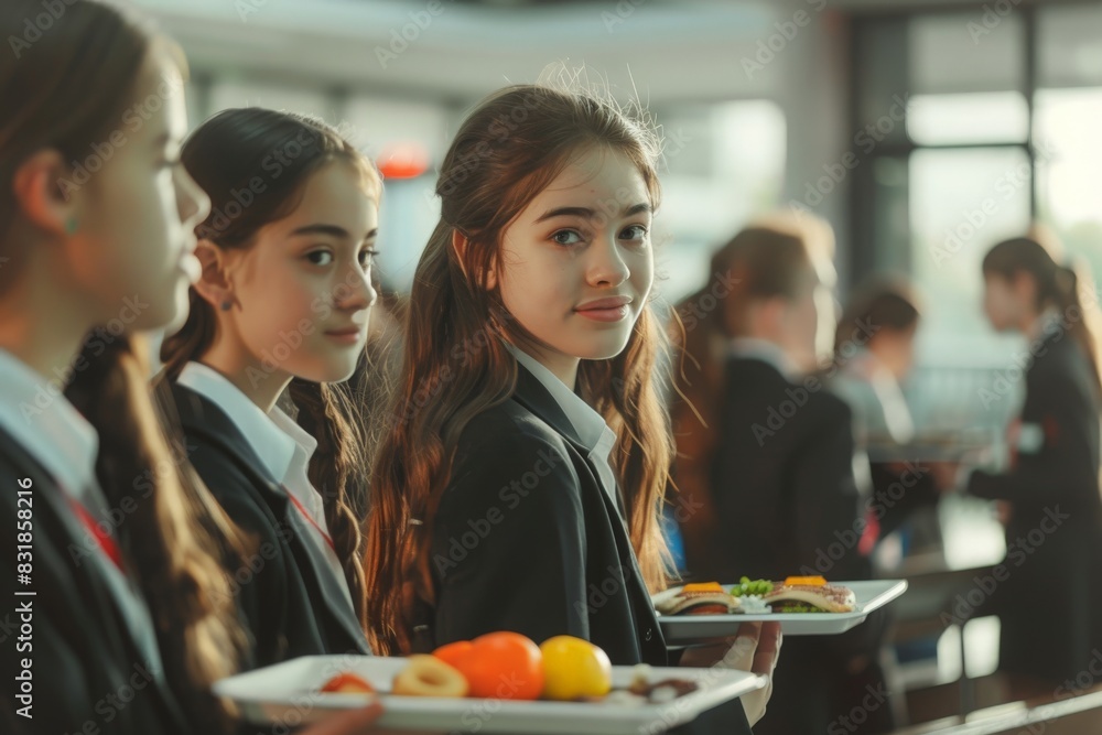 A shot of teenage students waiting in line together at the cafeteria in ...