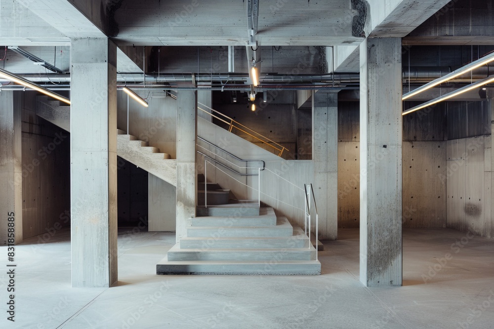 Empty basement of modern building with concrete columns and stairs with ...