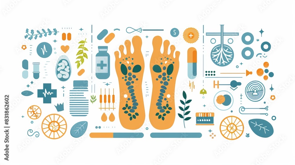 Flat design showing feet with edema, top view, medical icons around ...