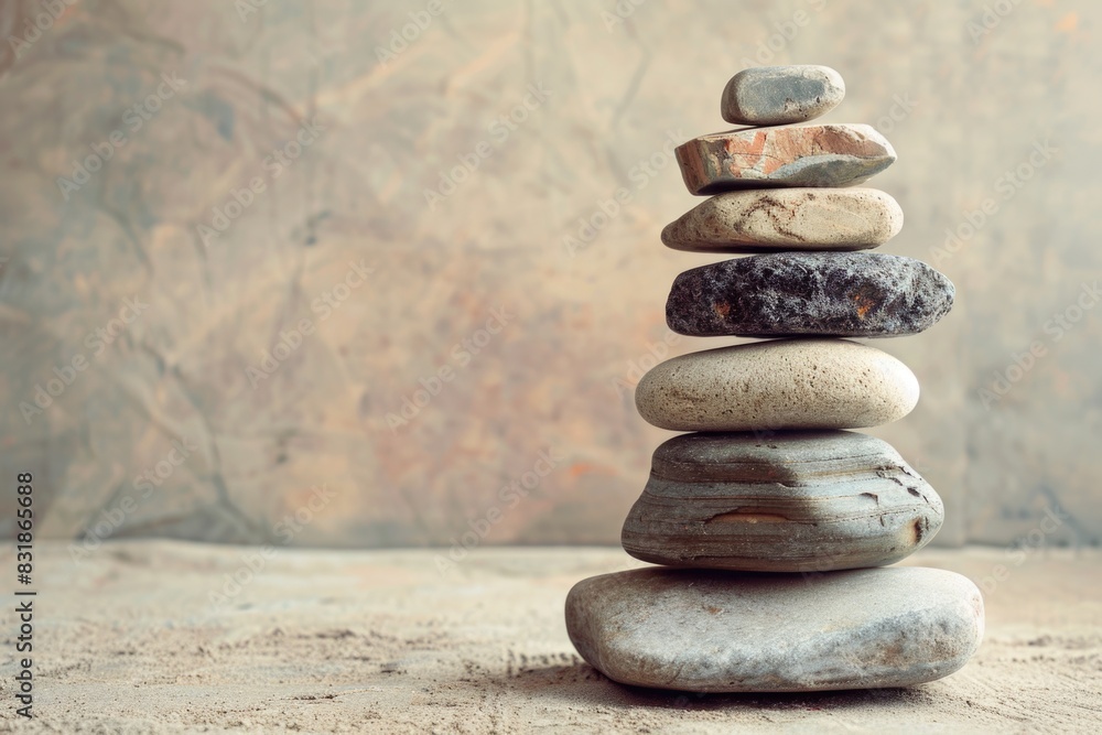 A stack of rocks on a table. The rocks are of different sizes and ...
