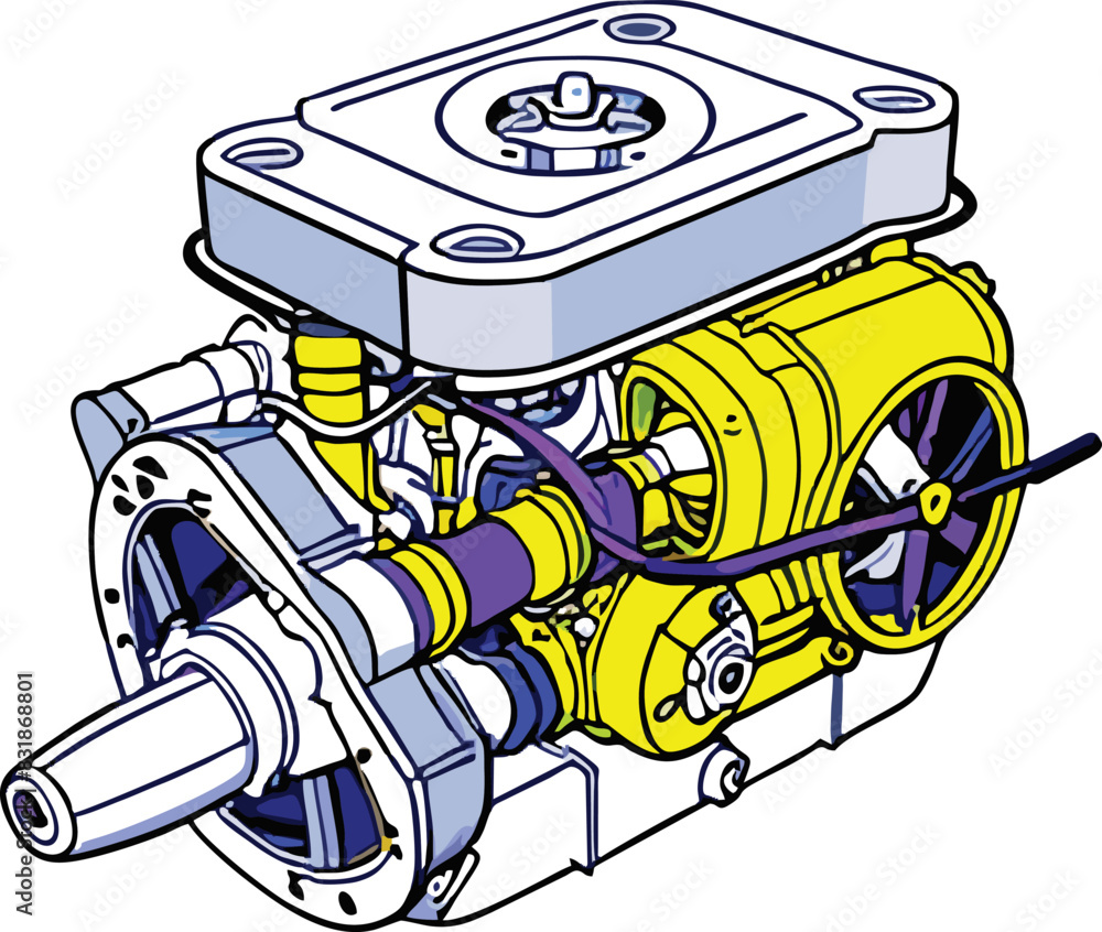 Realistic diagram of a three stroke engine outside vector line art ...