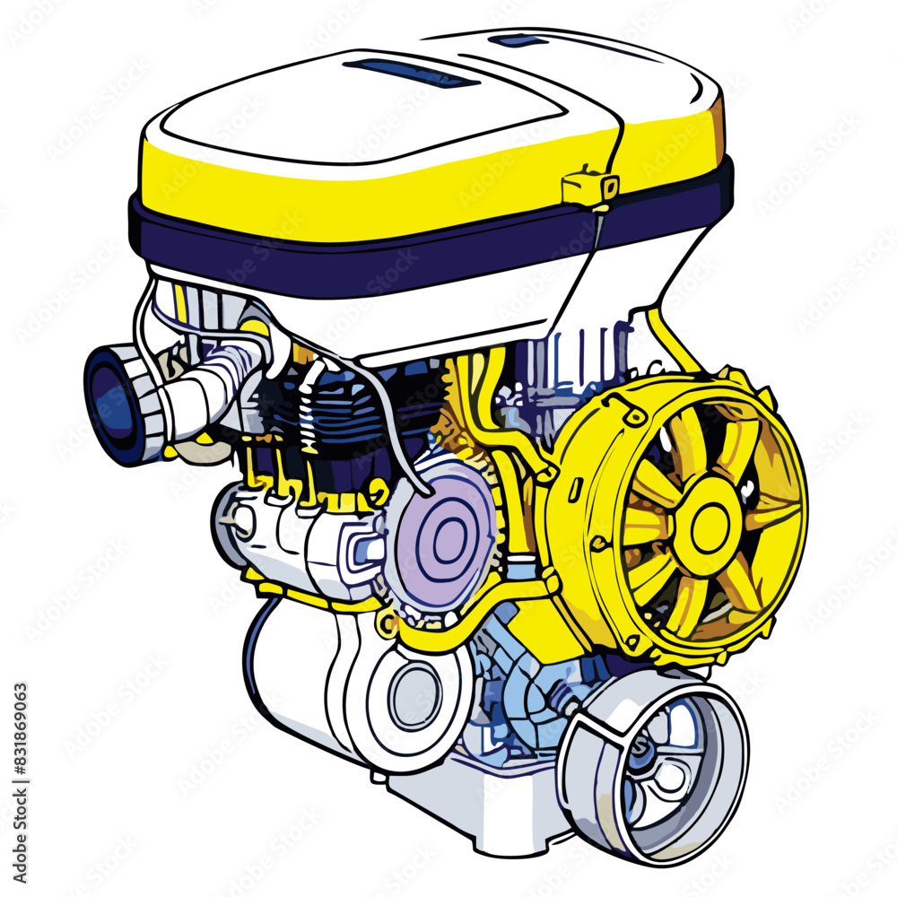 Realistic diagram of a three stroke engine outside vector line art ...