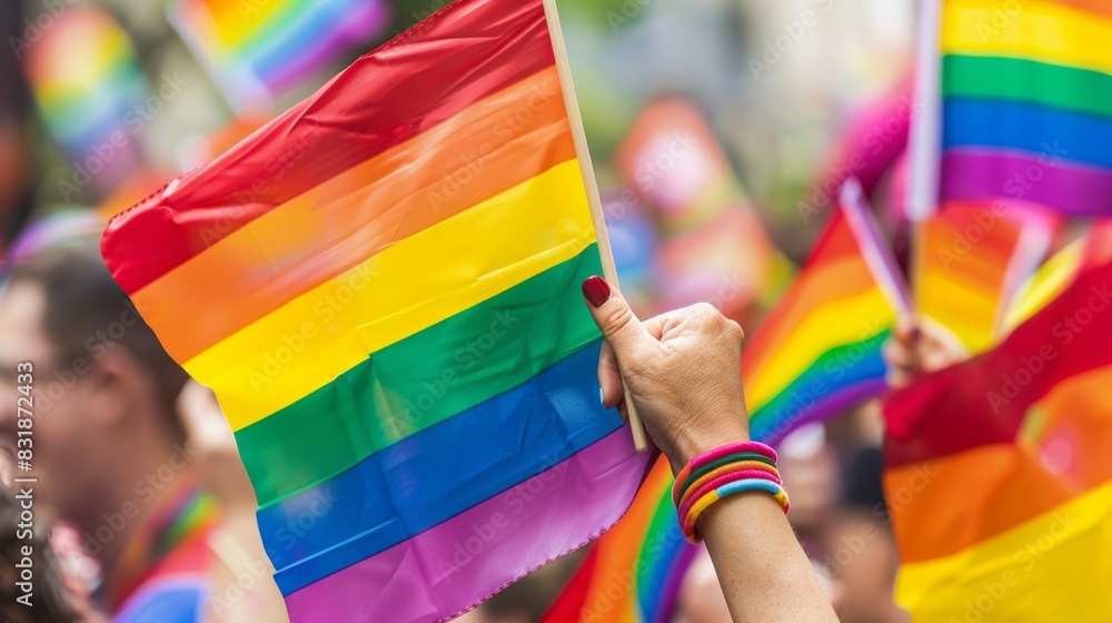 Celebrating LGBTQ Pride Festival - Diverse Friends Holding Rainbow Flag ...