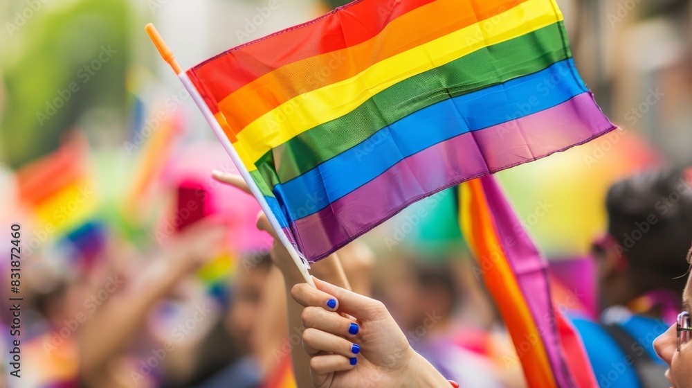 Celebrating LGBTQ Pride Festival - Diverse Friends Holding Rainbow Flag ...