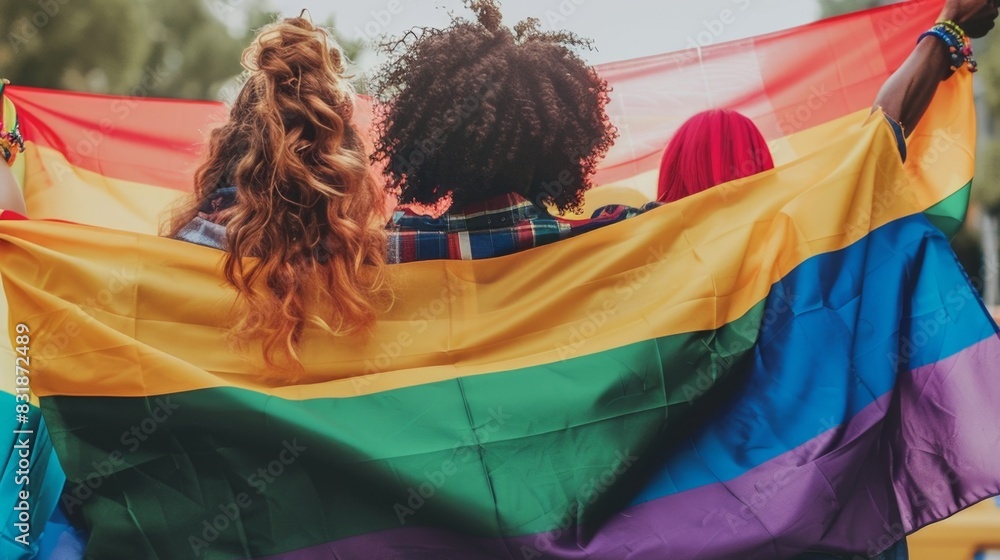 Celebrating LGBTQ Pride Festival - Diverse Friends Holding Rainbow Flag ...