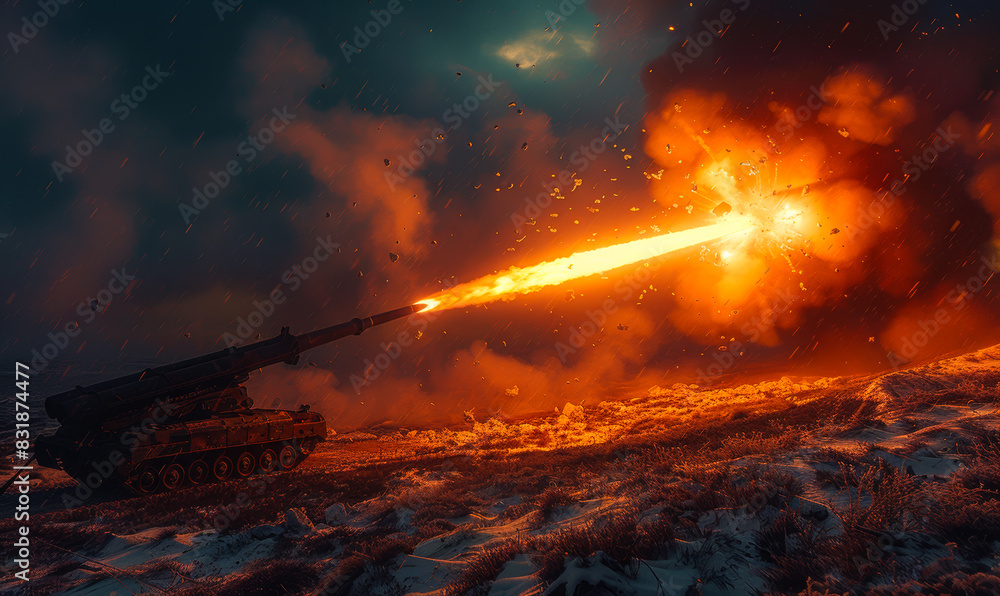 Artillery fires shell at enemy territory. Nighttime operation of a ...